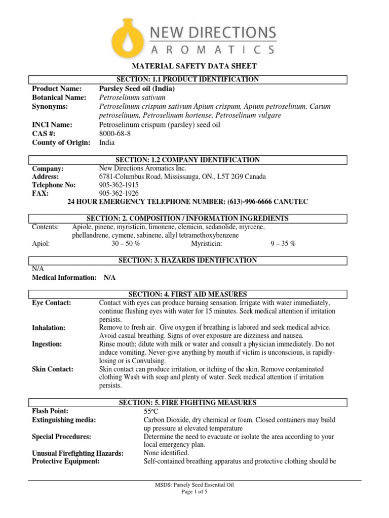 MSDS ParsleySeedEssentialOil | PDF | Combustion | Toxicity