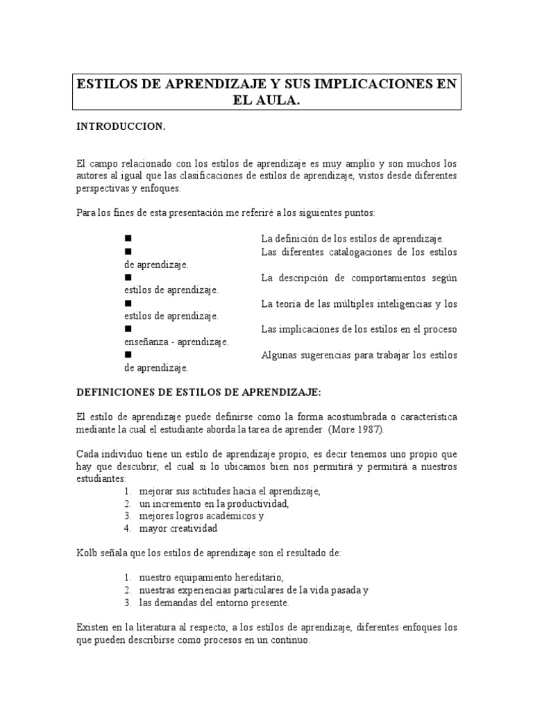 Estilos de Aprendizaje en el Aula | PDF | Ritmo | Aprendizaje
