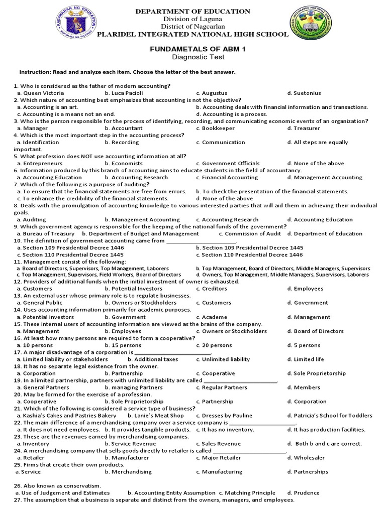 Diagnostic Test FABM 1 | PDF | Equity (Finance) | Accounting