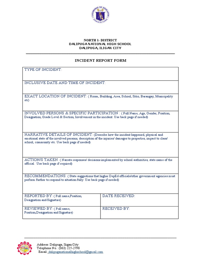 Dalipuga National High School Incident Report Form | PDF