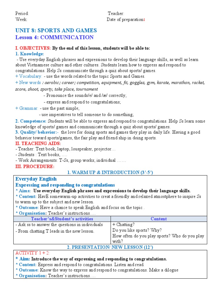 Unit 8 Lesson 4: Sports Communication | PDF | Interview | Sports