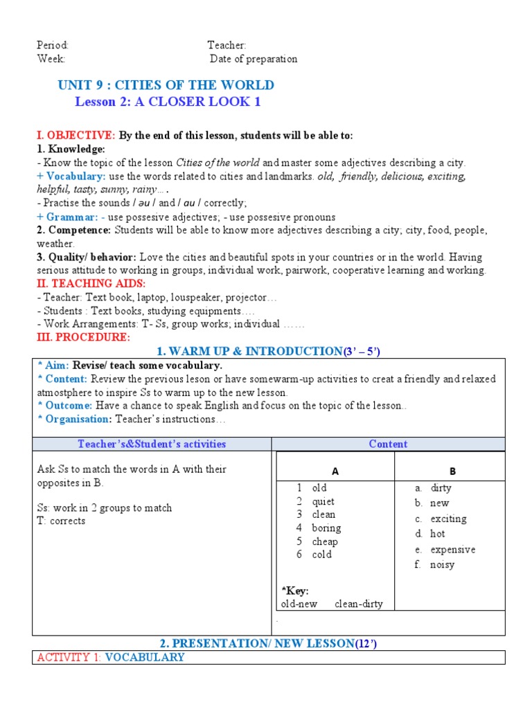 Unit 9 - Lesson 2 - A Closer Look - 1 | PDF | Teachers | Word