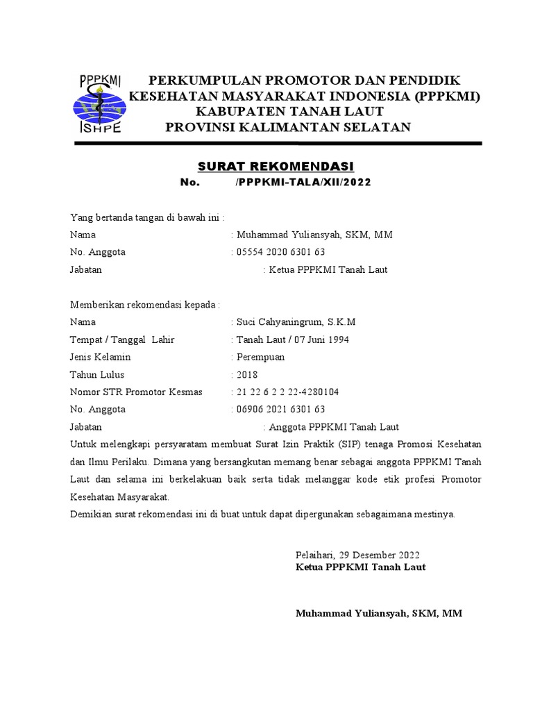 Surat Rekomendasi Sip Pppkmi Tala - Suci - Bati-Bati | PDF