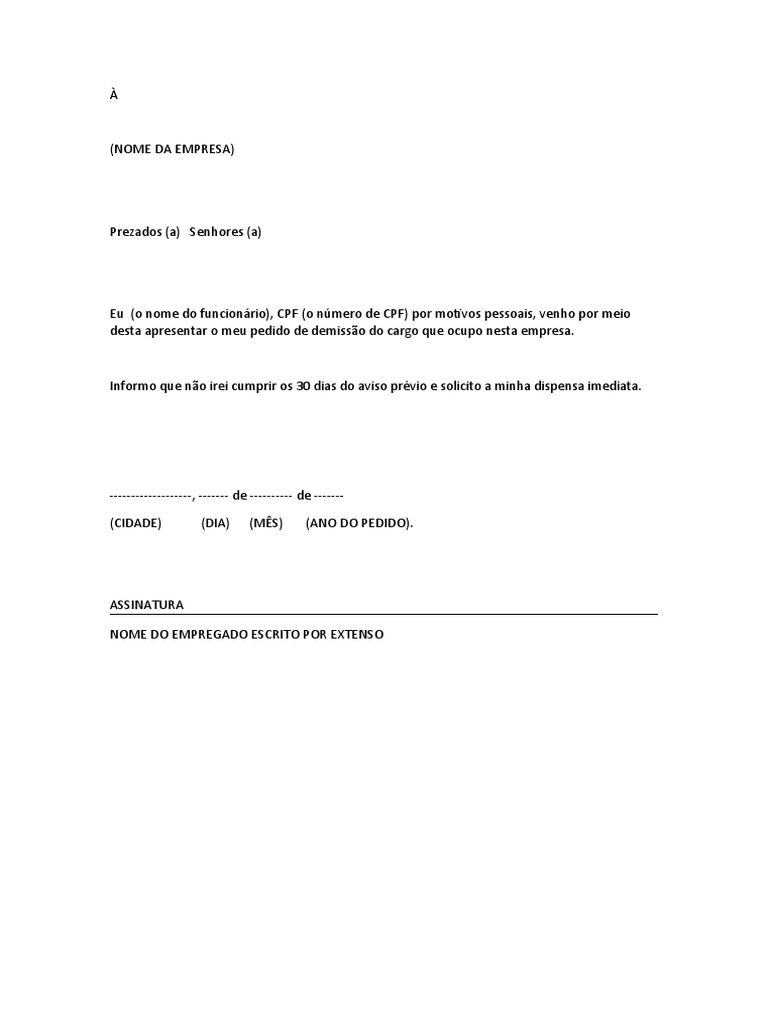 Modelo de Carta Pedido de Demissão Aviso Indenizado | PDF