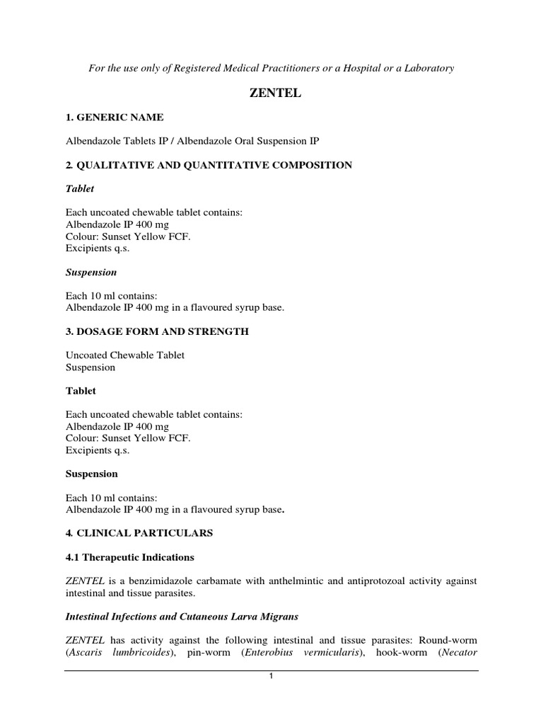 Guidelines for Use of Albendazole (Zentel) in the Treatment of ...
