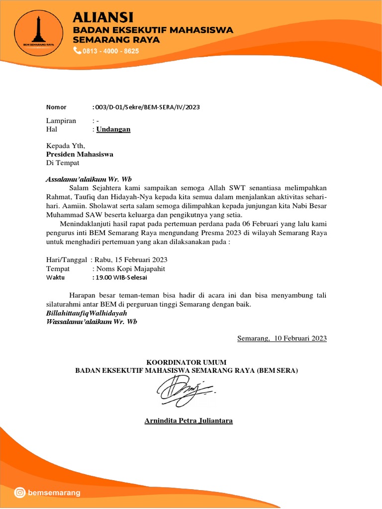 Surat Undangan BEM SERA Periode 2023 | PDF