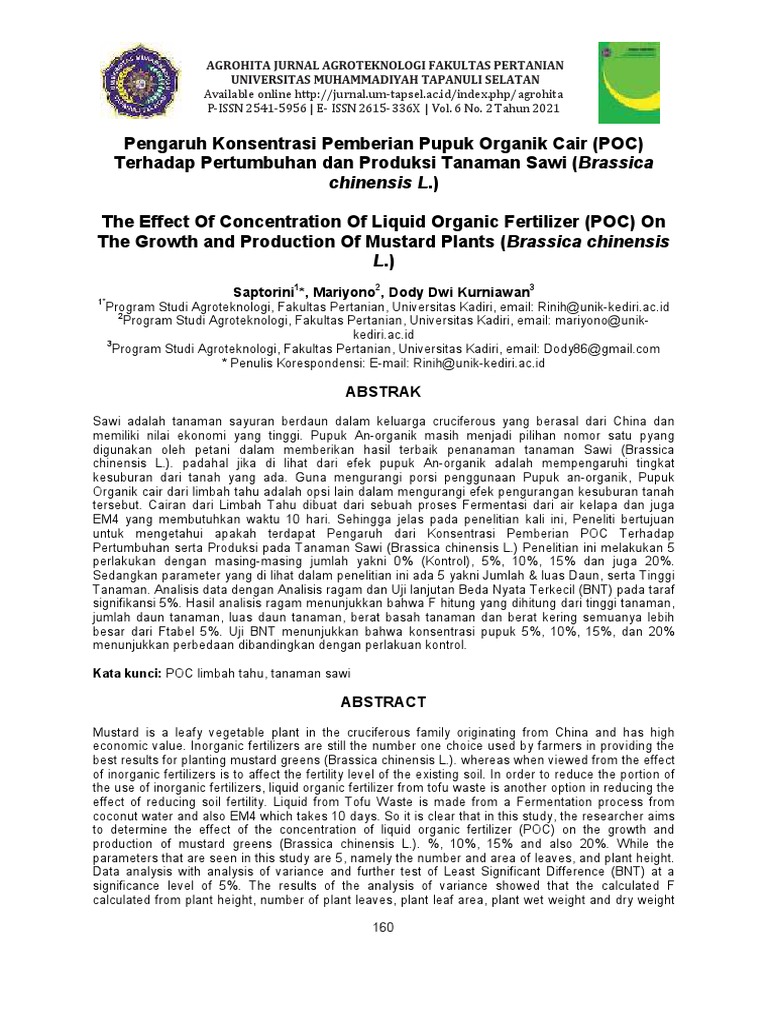 Pengaruh Konsentrasi Pembarian Pupuk Organik Cair (POC) Terhadap Pertumbuhan Dan Produksi ...
