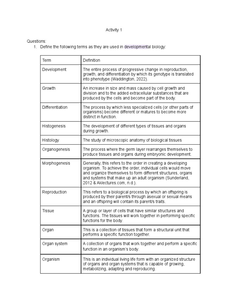 Activity 1 - Dev. Bio | PDF | Developmental Biology | Cellular ...