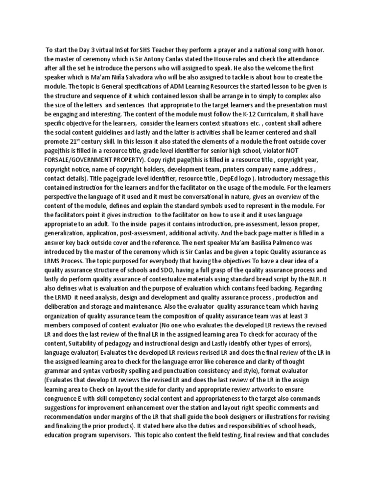 Inset Day 3 - Narrative Reflection | PDF | Learning | Quality Assurance