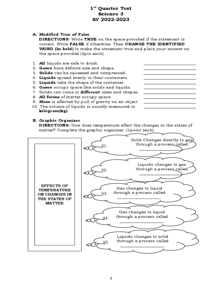 Science 3 Q1 Test: Matter & Temperature | PDF | Liquids | Gases