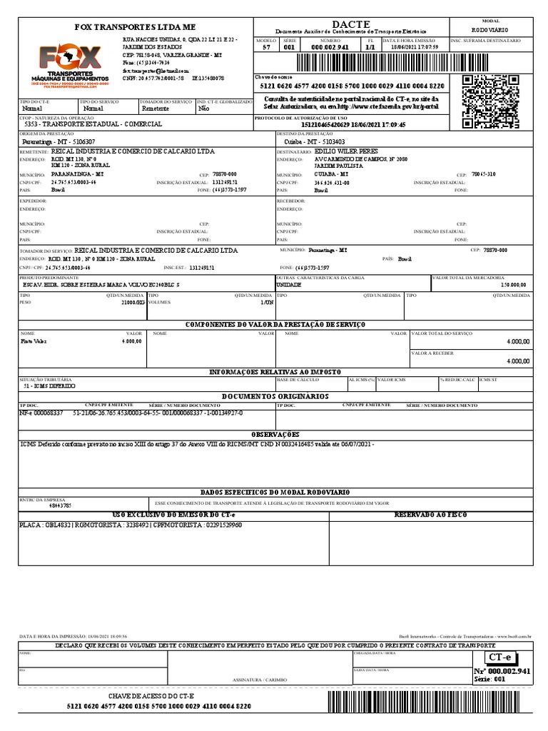 CT-e 2941 - Reical - Edilio Wiler - 18!06!21 | PDF | Business | Transporte