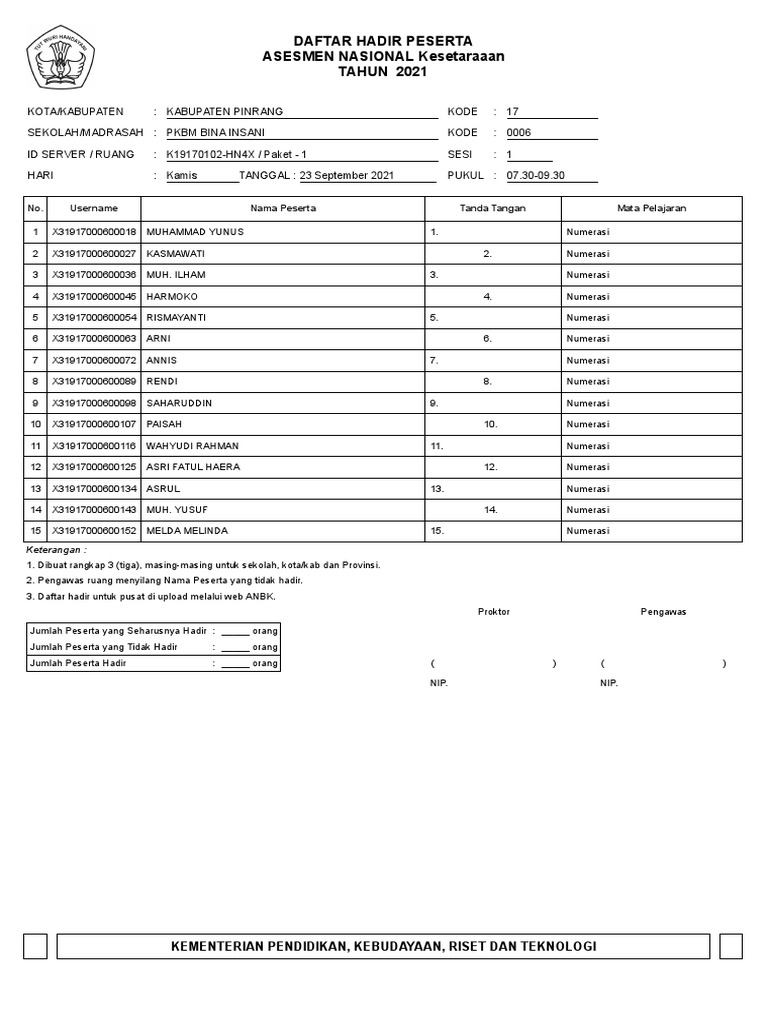 Absen Numerasi Sesi 1 Asesmen Nasional - Tahun 2021 | PDF