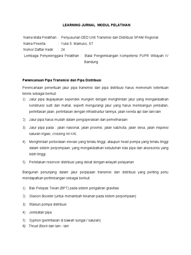LEARNING JURNAL 5 Penyusunan DED UNIT Transmisi Dan Distribusi SPAM ...