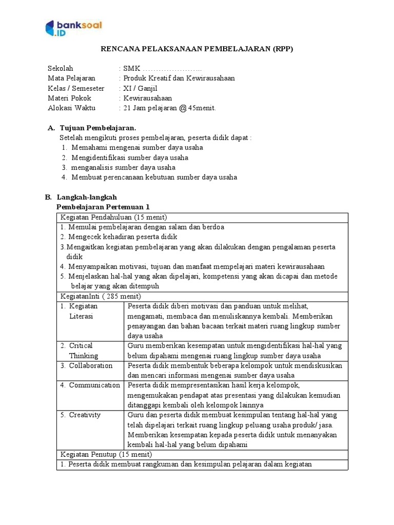 RPP 1 LEMBAR PKK SMK KELAS XII KD 4 Bank-Soal - Id | PDF
