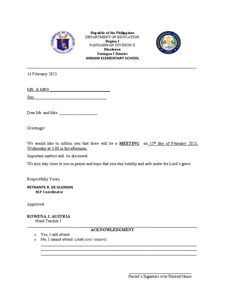 Parent Meeting Notification Letter | PDF