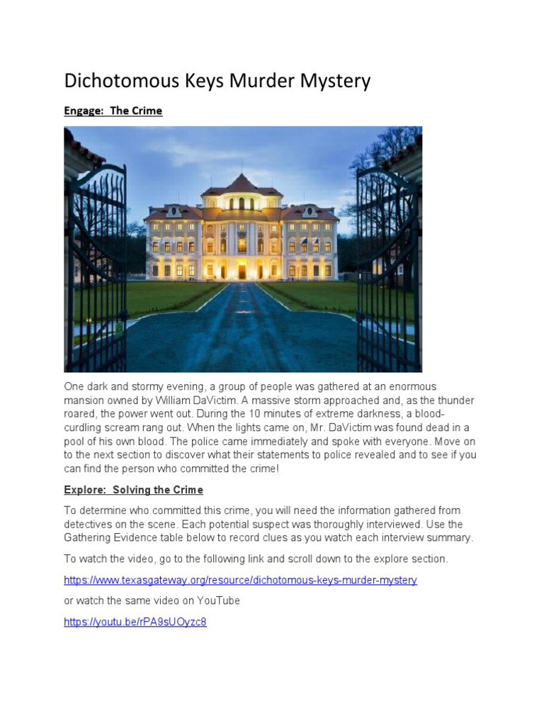 Dichotomous Keys Murder Mystery | PDF | Crimes | Crime & Violence