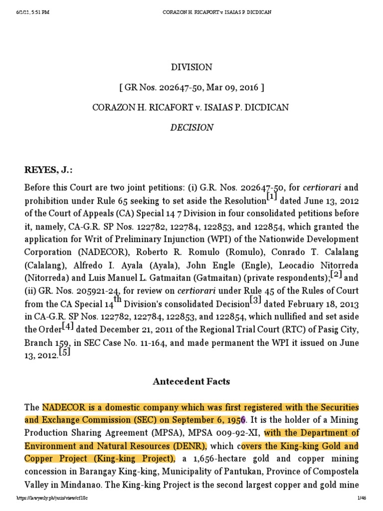 Ricafort vs. Dicdican | PDF | Injunction | Complaint