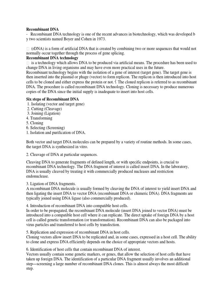 Recombinant DNA technology overview | PDF | Molecular Cloning ...