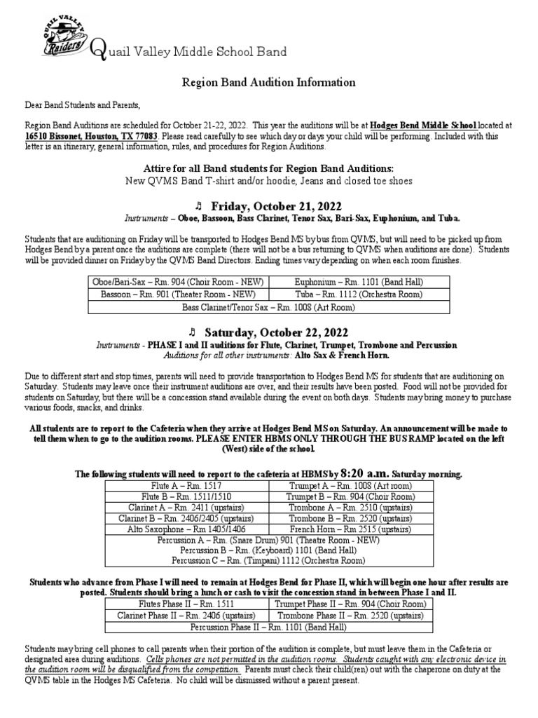 Region Band Audition Schedule 2022 | PDF | Musical Instruments | Saxophone