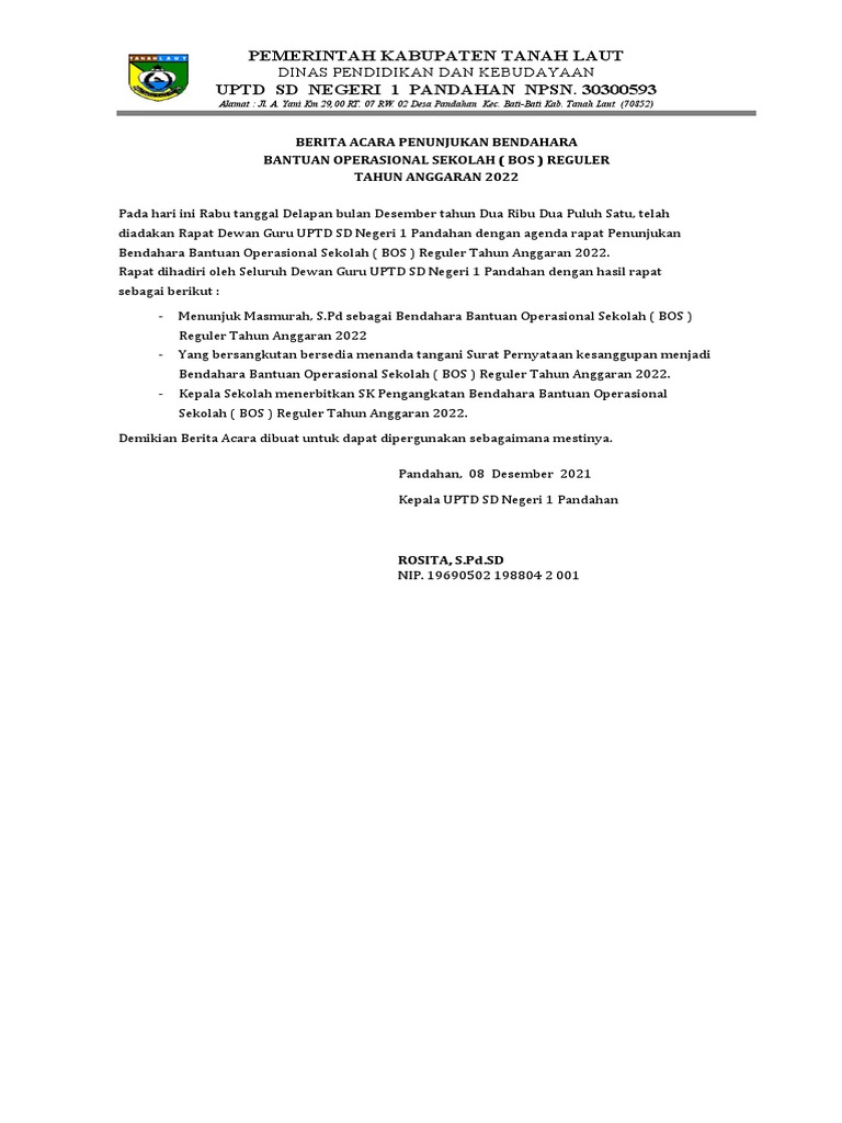Berta Acara Penunjukan Bendahara 2021 | PDF
