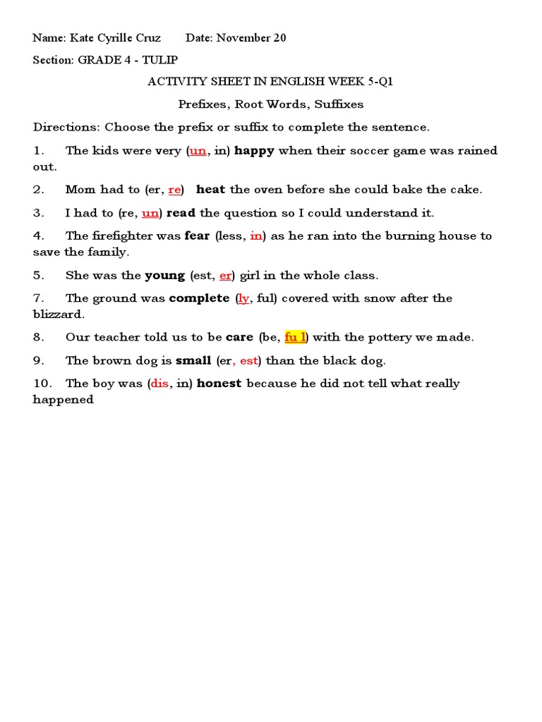 Prefixes and Suffixes Activity Sheet | PDF