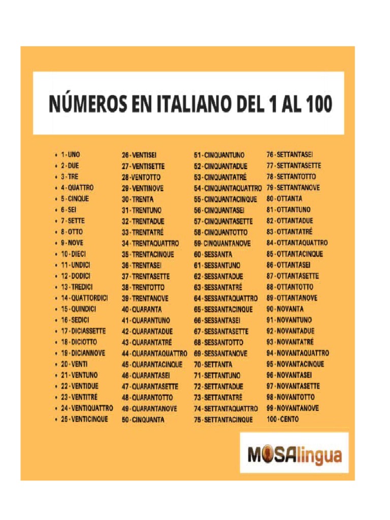 Numeros de Italiano Del 1 Al 100 | PDF