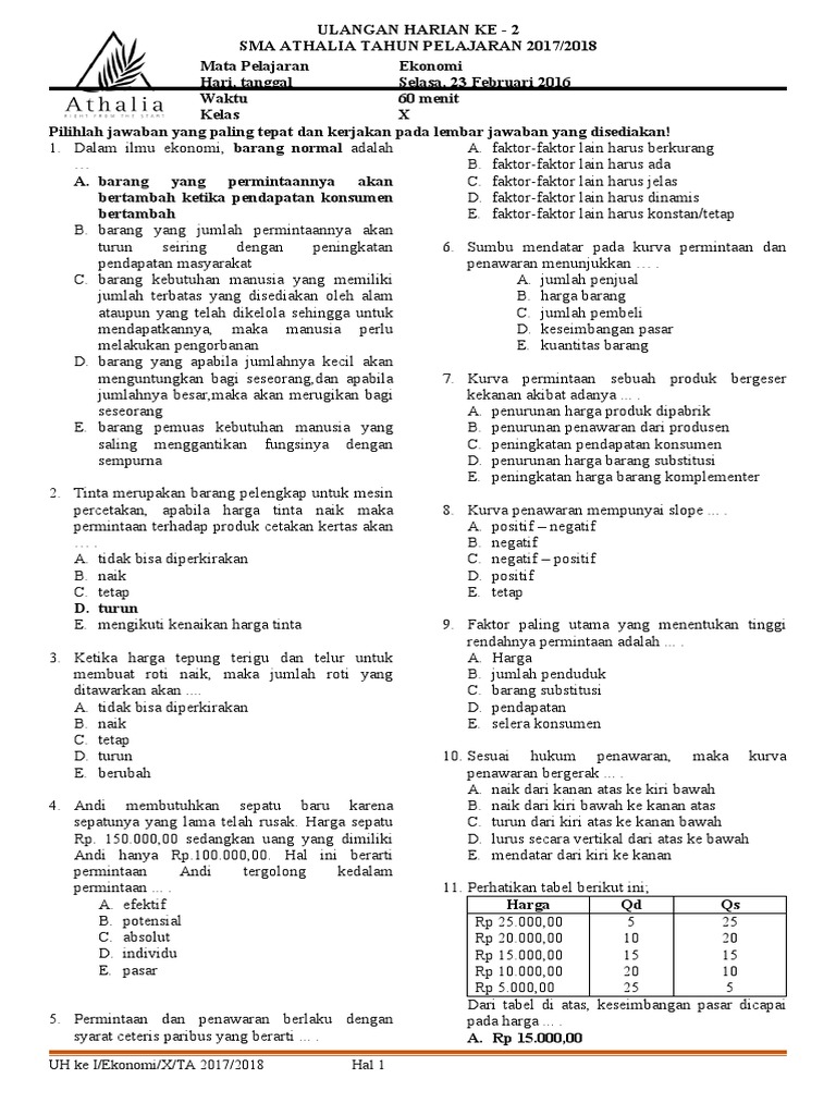Soal Permintaan Dan Penawaran 2016 2017 Susulan | PDF