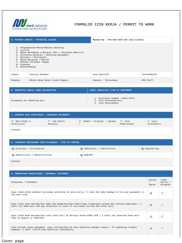 Formulir Izin Kerja / Permit To Work: Permit No: PTW-ROM-SBFM-SNY-2023 ...