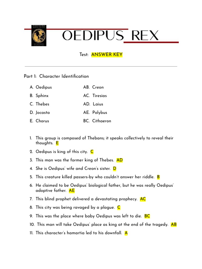 TPT Oedipus Test Answer Key | PDF | Oedipus | Boeotian Mythology