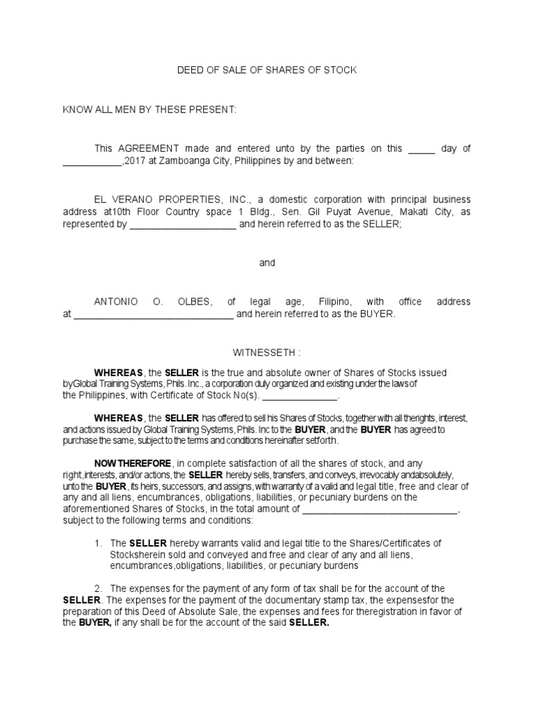 Deed of Sale of Shares of Stock | PDF | Deed | Title (Property)