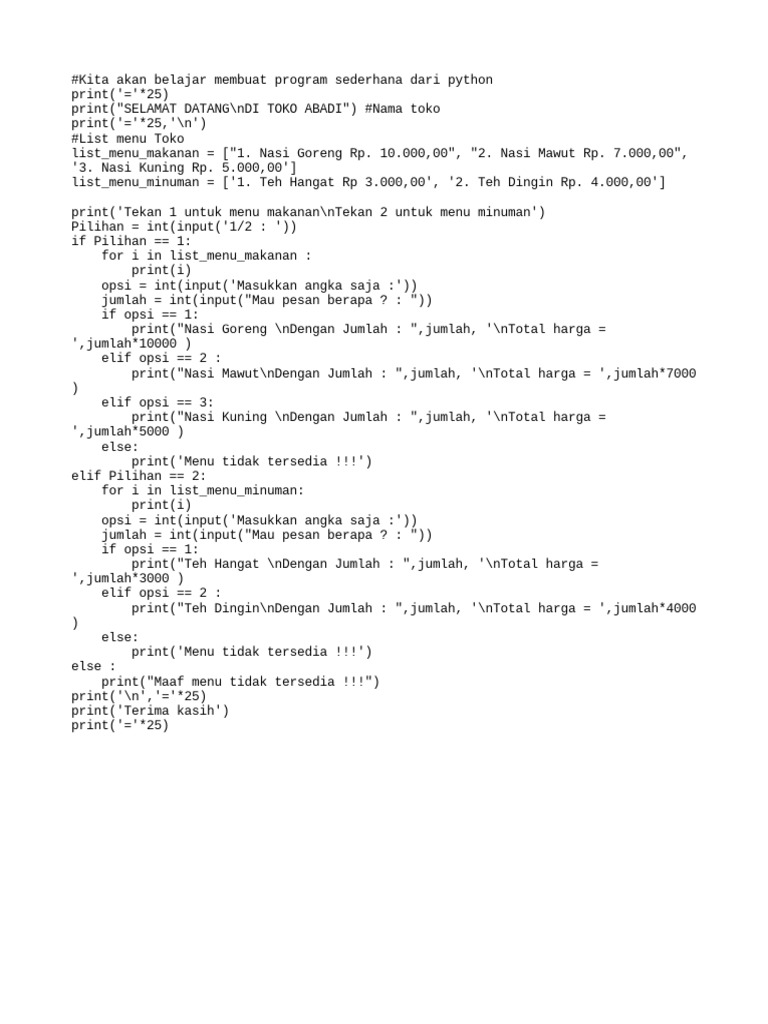 Code Pyhton Untuk Program Penjualan Sederhana | PDF