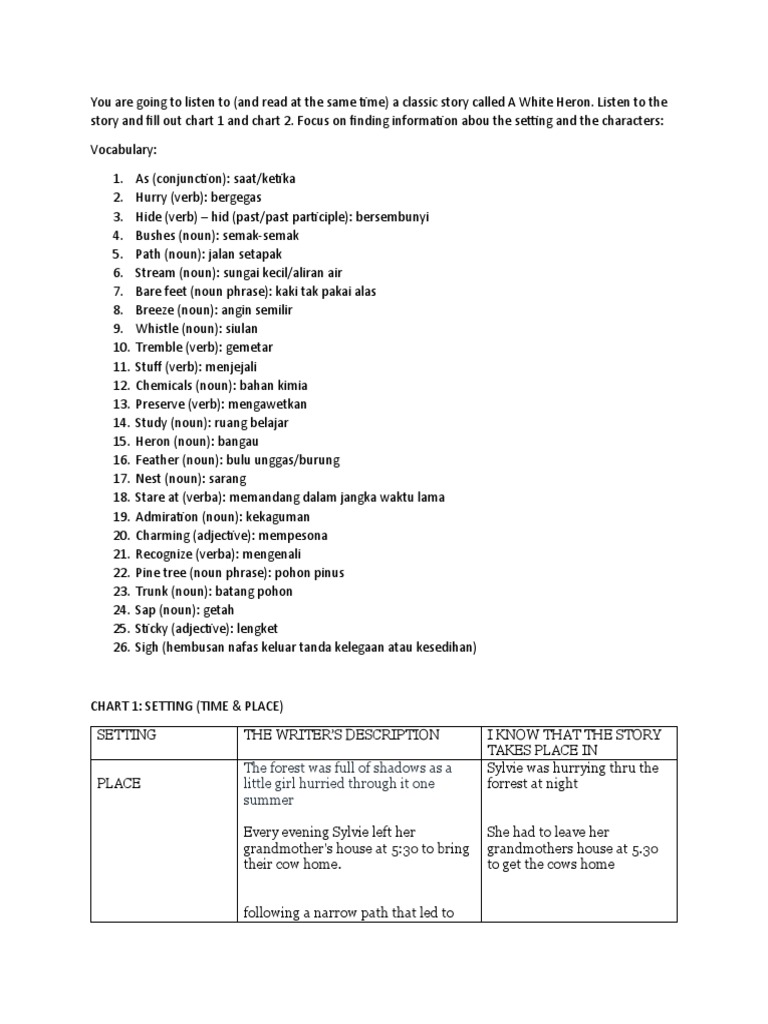 Worksheet 1 Vocabulary-Setting-Characters - A White Heron | PDF | Verb ...