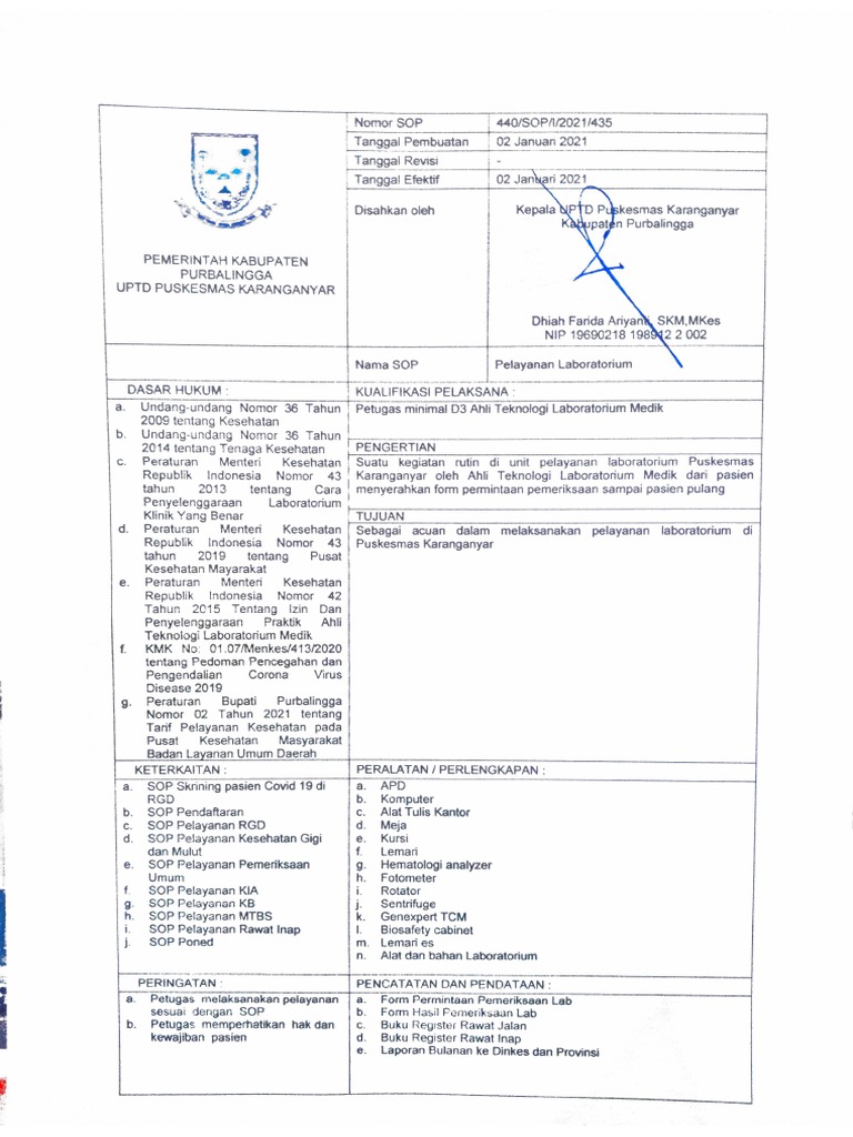 Sop Pelayanan Laboratorium | PDF