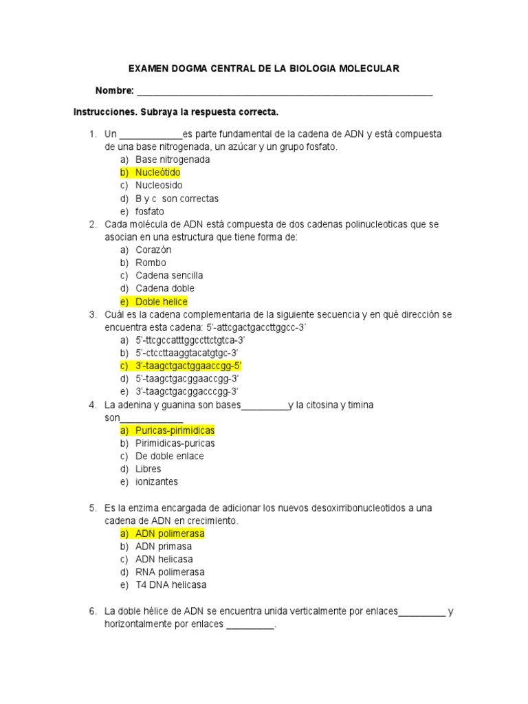 EXAMEN DOGMA CENTRAL-MCTO UadC | PDF | Adn | Rna