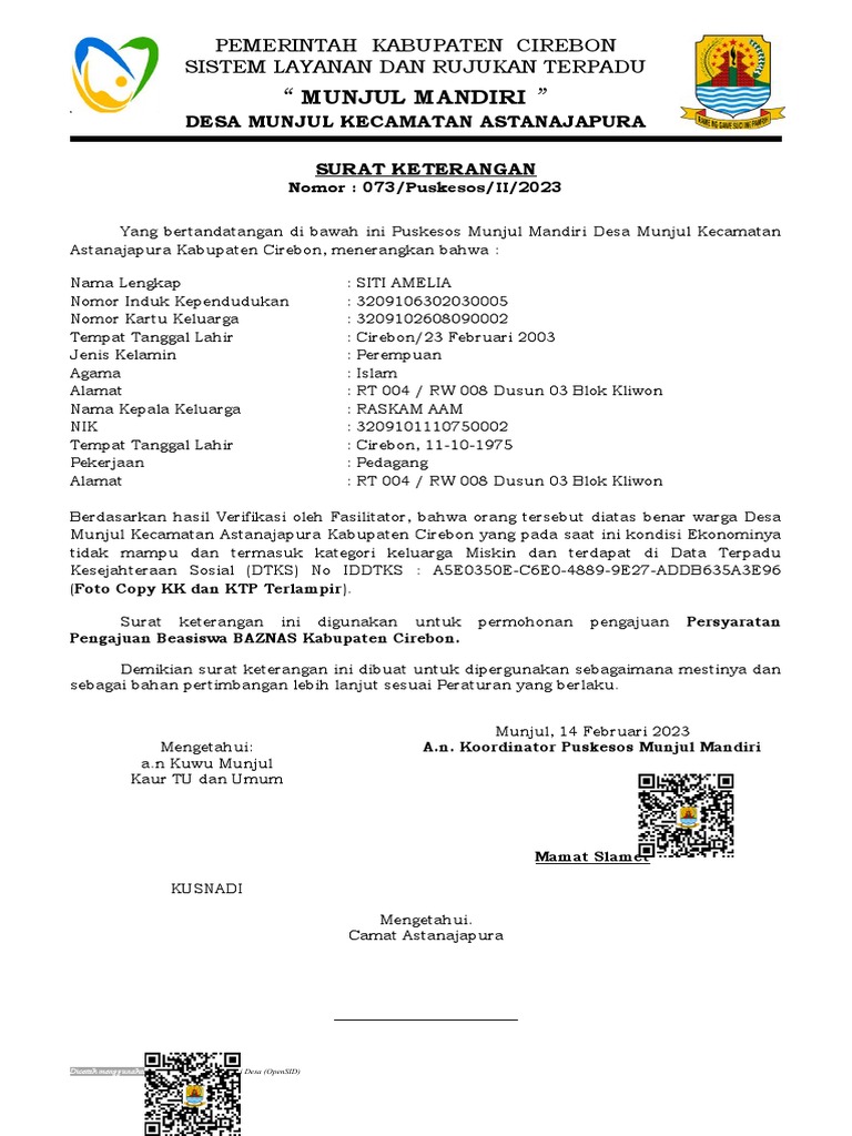 Surat Keterangan Puskesos Dtks 3209106302030005 2023-02-14 73 | PDF