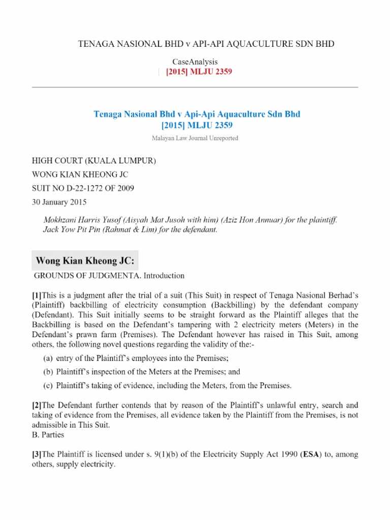 Tenaga Nasional BHD V API-API Aquaculture SDN BHD (2015) MLJU 2359 | PDF