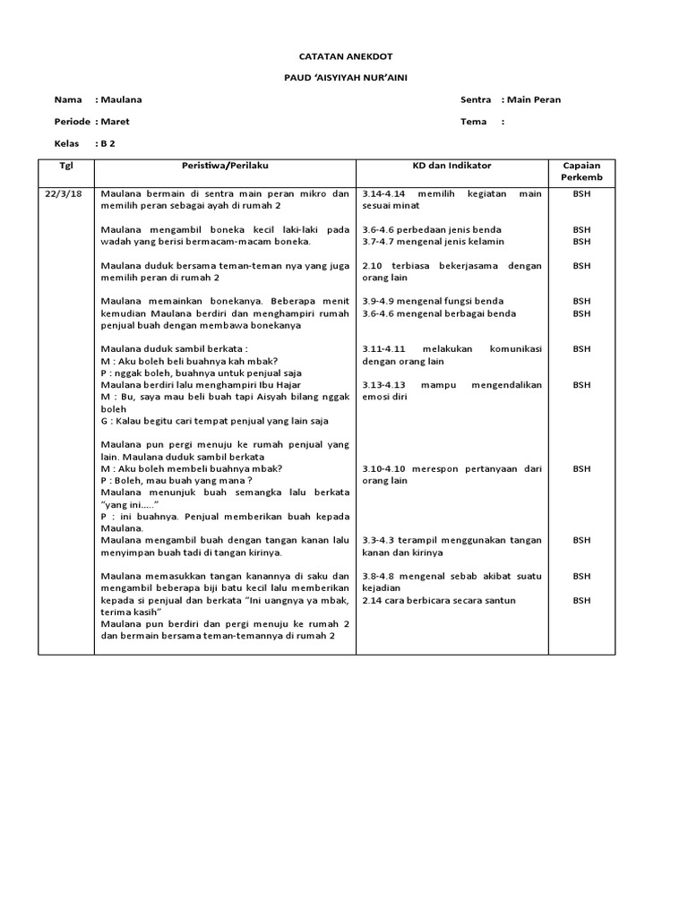 Catatan Anekdot Anak PAUD | PDF