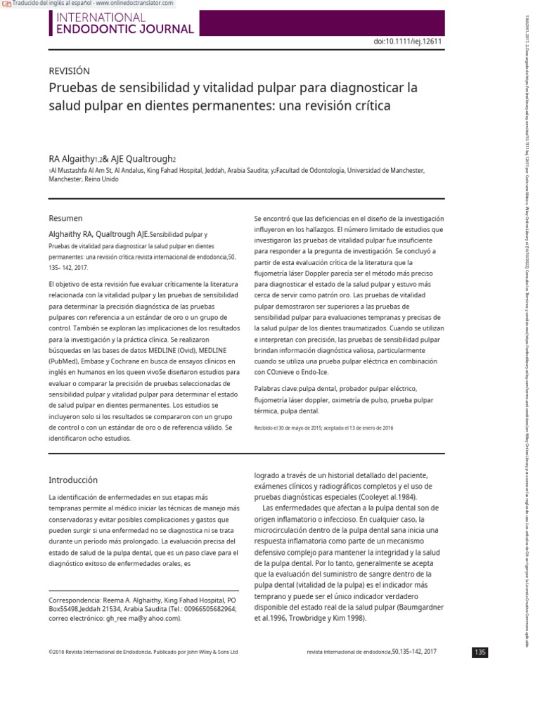 Int Endodontic J - 2016 - Alghaithy - Pulp Sensibility and Vitality ...