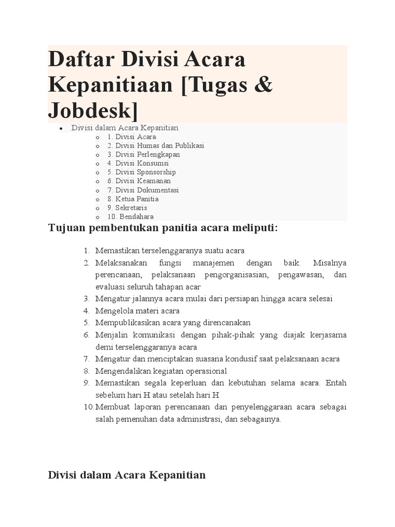 Jobdesk Divisi Humas dan Acara | PDF