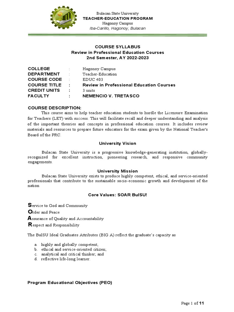 Syllabus Educ 403 Review in Professional Education Courses | PDF ...