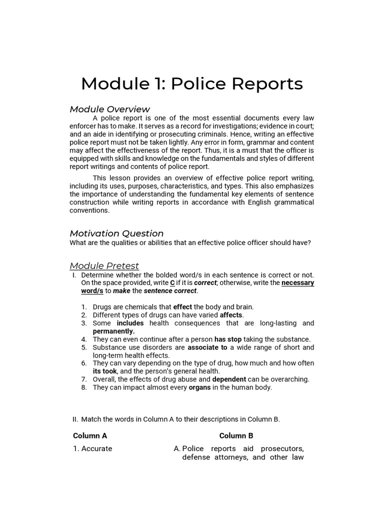 Module 1. Police Reports, Lesson 1.1 Introduction To Police Reports ... Module 1. Police Reports, Lesson 1.1 Introduction To Police Reports ...