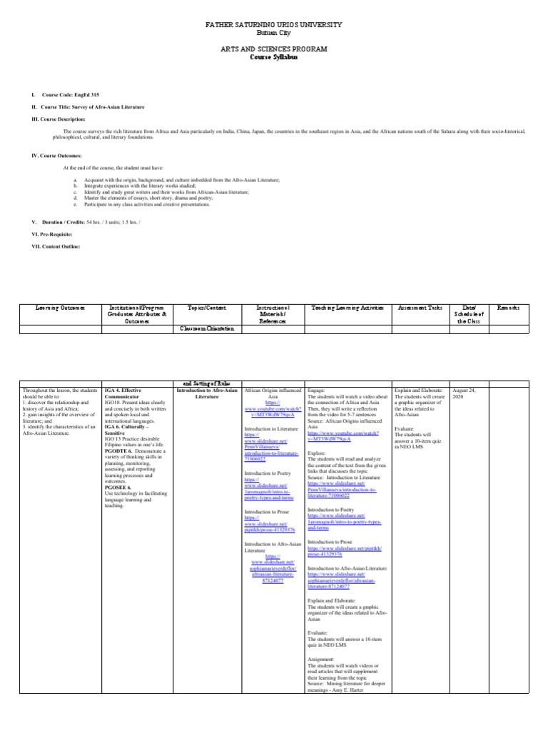 Afro-Asian Literature Course Syllabus | PDF | Learning