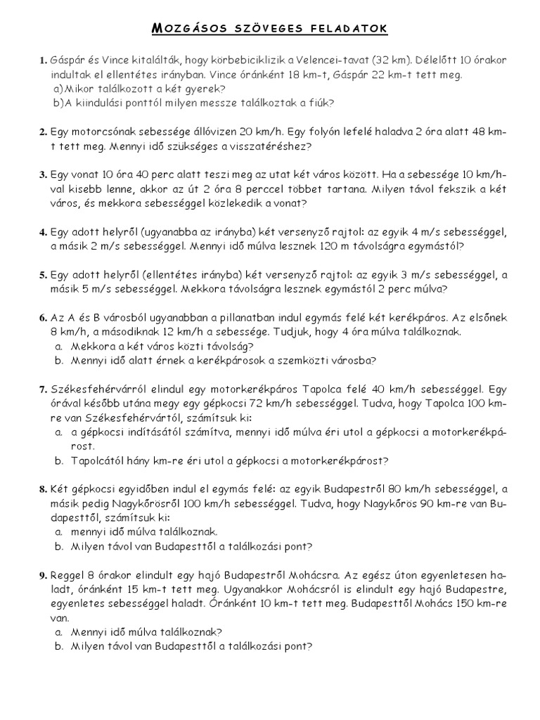 Mozgásos szöveges feladatok | PDF