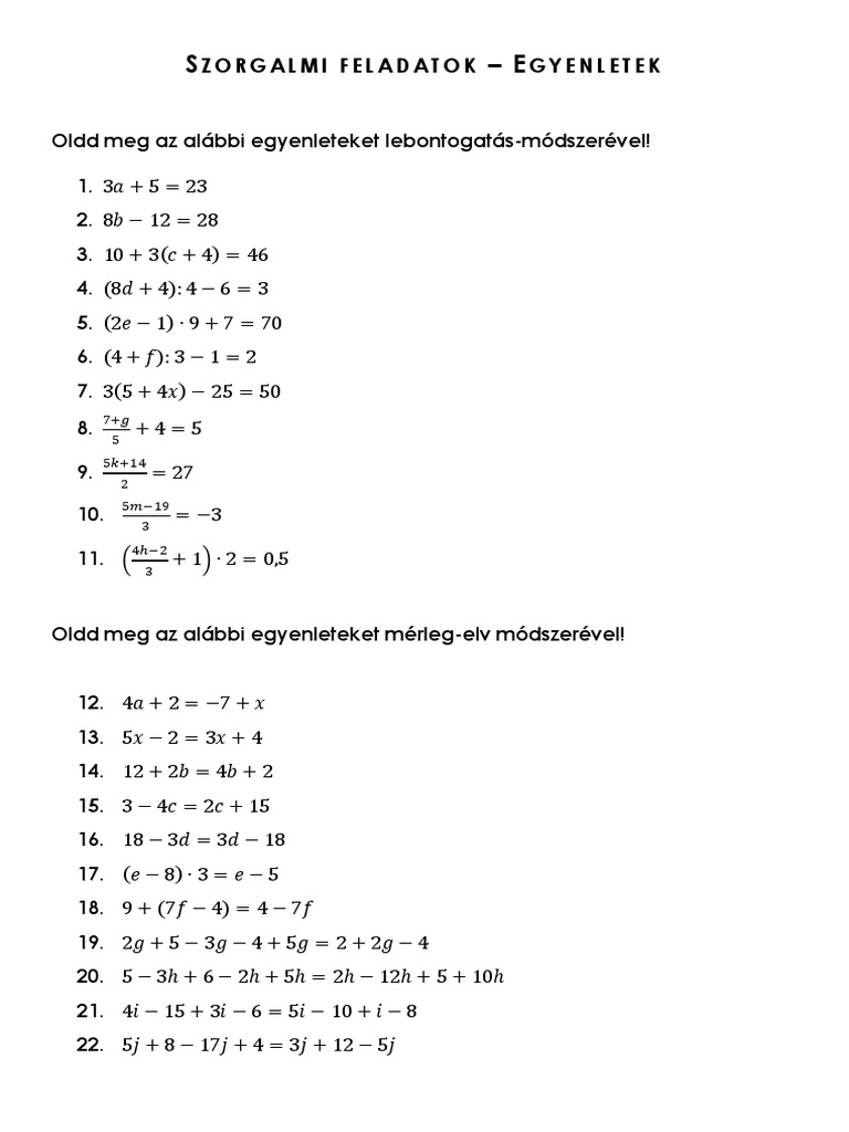 Szorgalmi Feladatok - Egyenletek | PDF