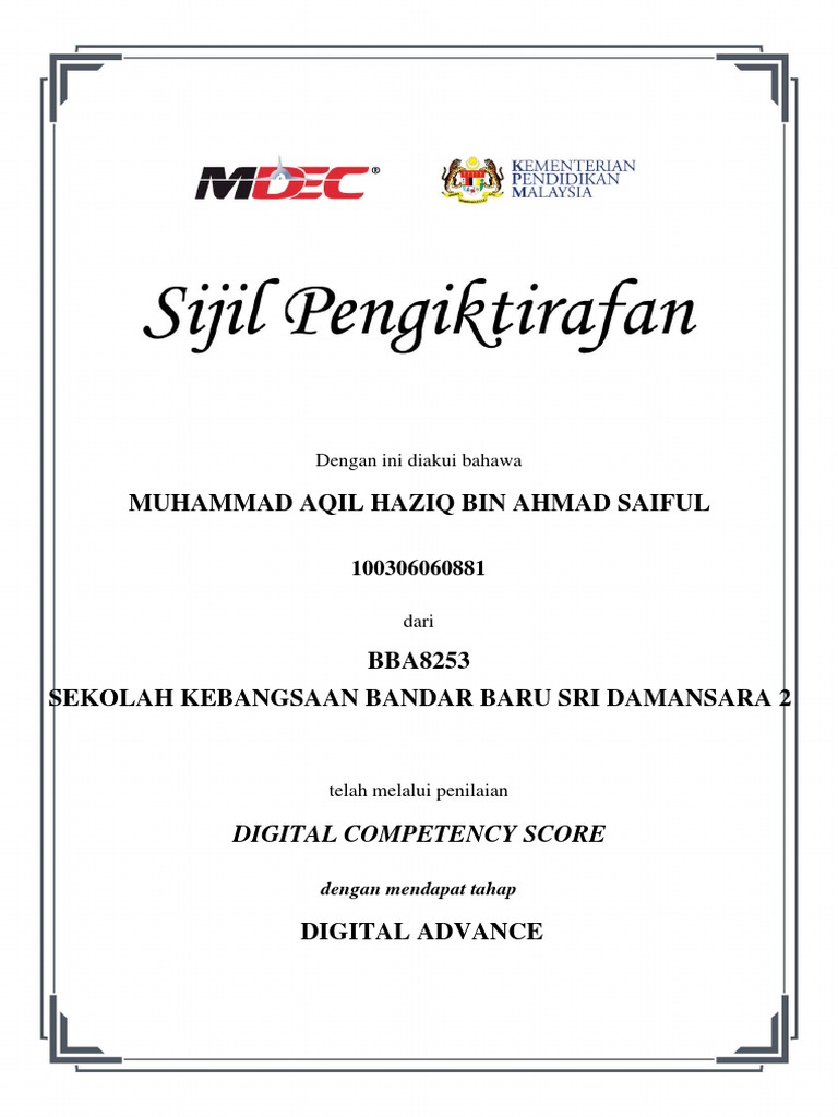 Muhammad Aqil Haziq Bin Ahmad Saiful Dcs Cert | PDF