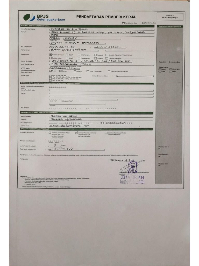 Form Pendaftaran Pemberi Kerja | PDF