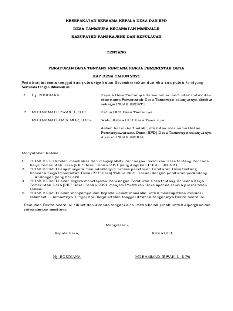 01.a. BA. Kesepakatan BPD Dan Pemdes - RKP Desa 2021 | PDF