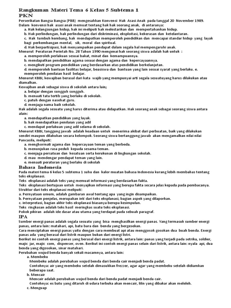 Rangkuman Materi Tema 6 Kelas 5 Subtema 1 | PDF