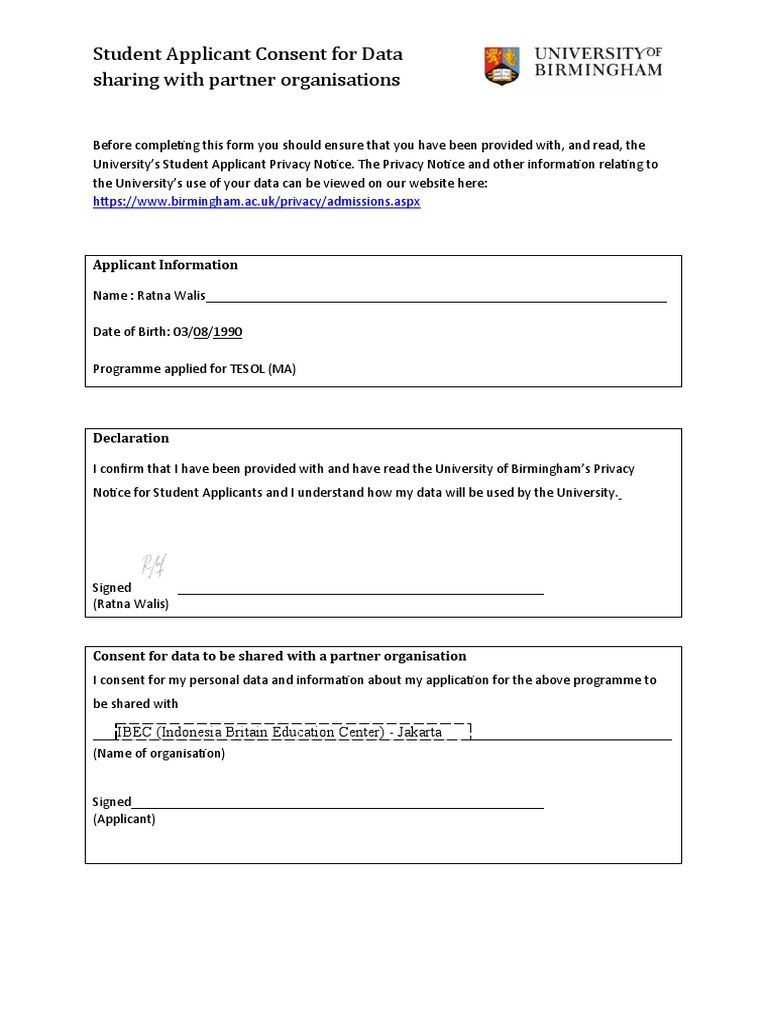 Birmingham - Student Applicant Consent For Data Sharing With Partner ...