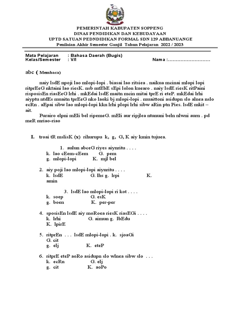 Soal Bahasa Daerah Kelas 5 S.1 CH5DA | PDF